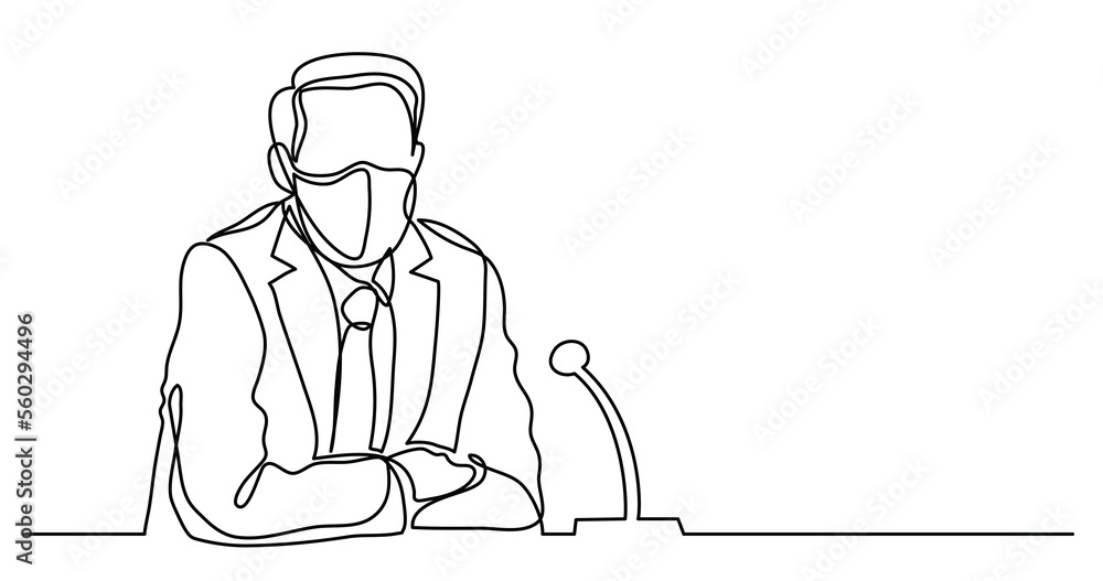 continuous line drawing of politician in protective masks speaking ...