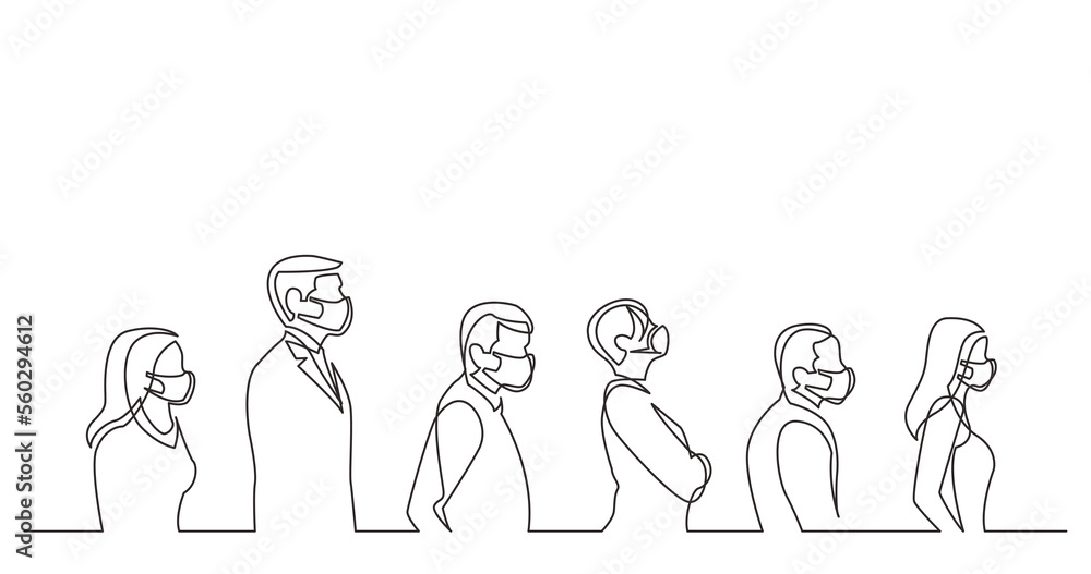 continuous line drawing people standing in line wearing face mask - PNG ...