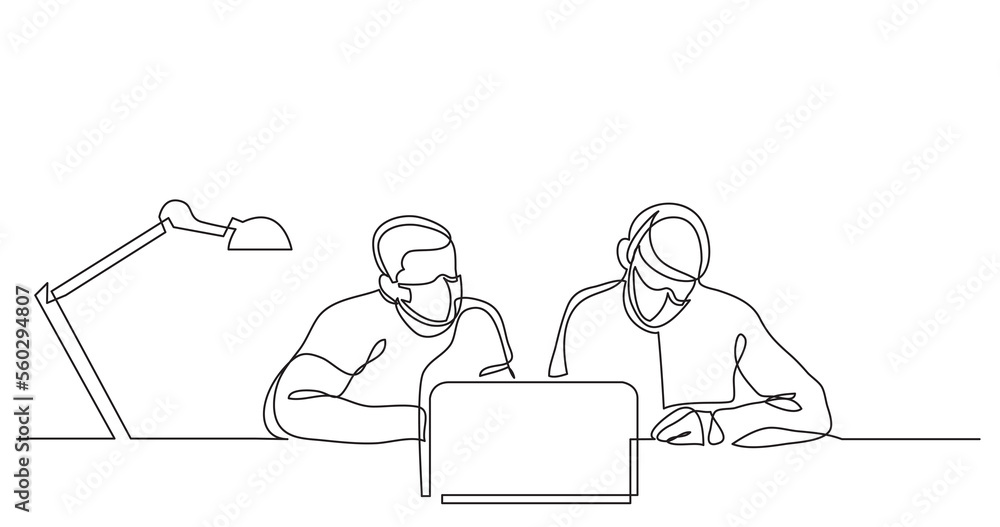 continuous line drawing two co workers working together with laptop ...