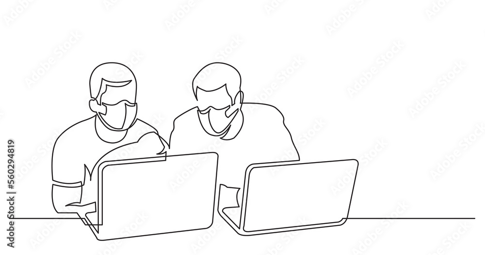 continuous line drawing two men sitting with laptop computers wearing ...