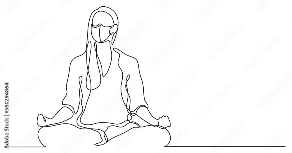 continuous line drawing woman meditating wearing face mask - PNG image ...