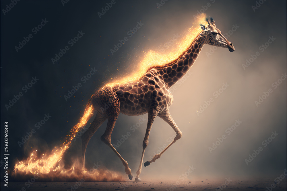 Giraffe running on fire global warming, made by AI, artificial ...