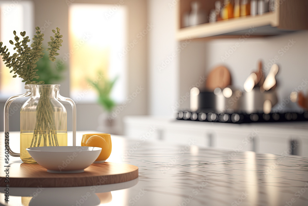 Copy space of luxury table top counter on blur kitchen abstract ...