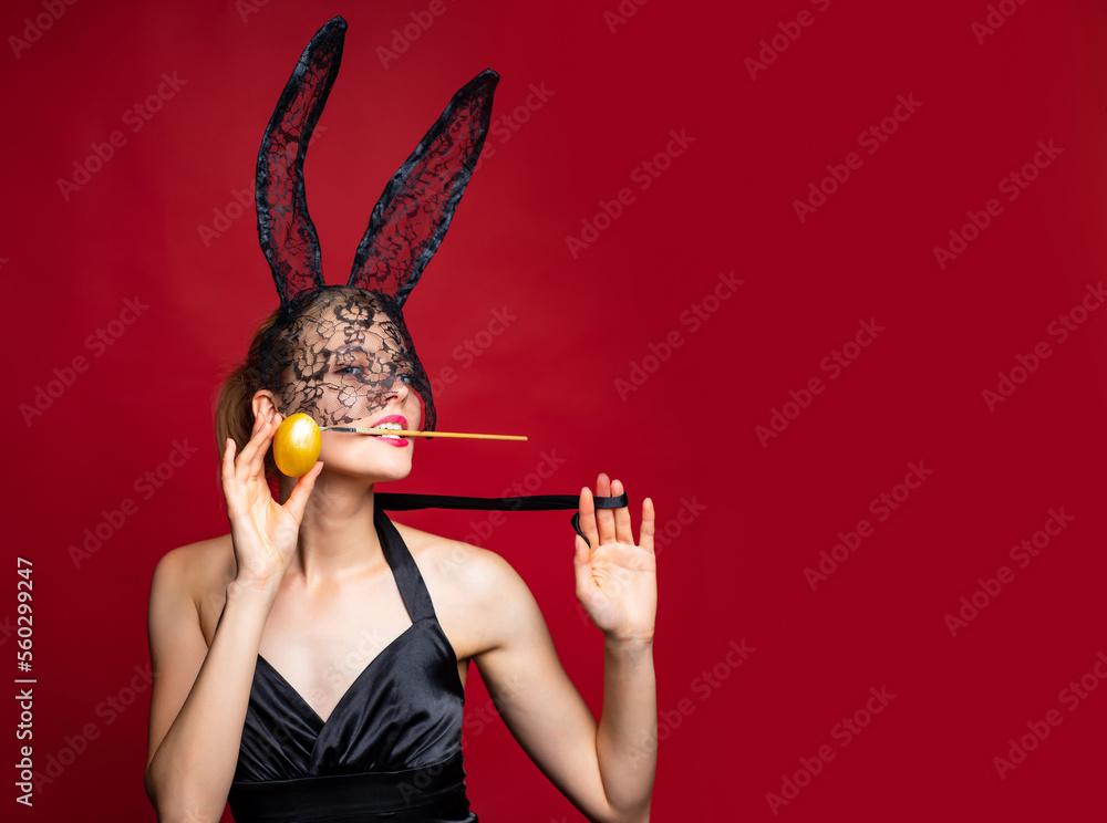 Sexy Woman Easter Bunny Wearing Mask And Ears Celebrating Easter