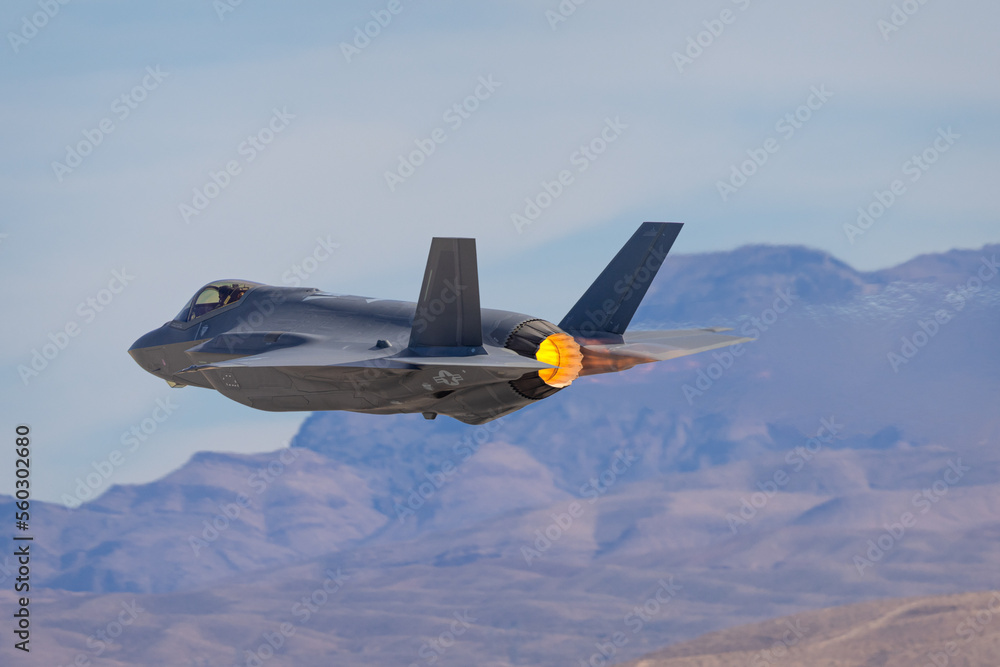 Extremely close view of a F-35 Lightning II against the Nevada hills ...