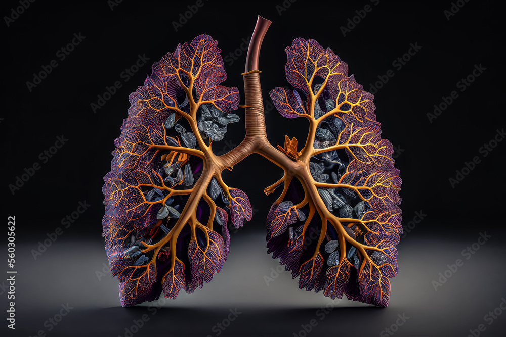 Modern artistic illustration of the anatomy of the human lung on dark ...