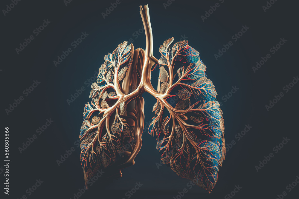 Modern artistic illustration of the anatomy of the human lung on dark ...