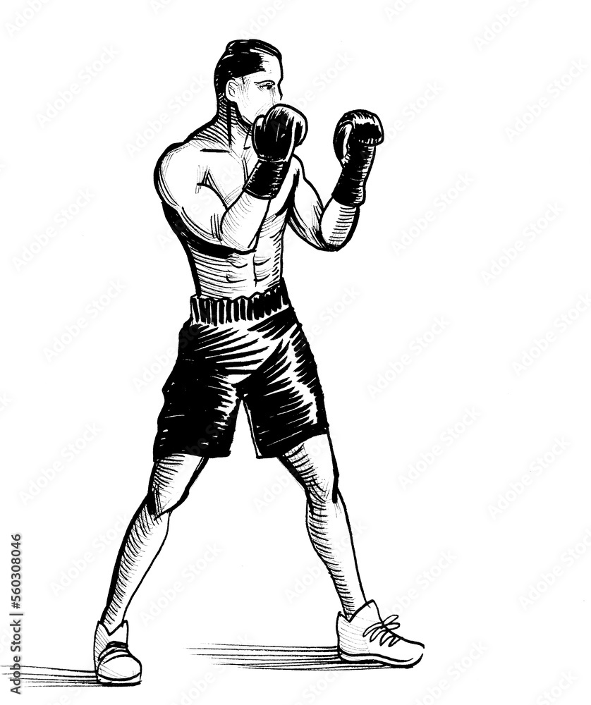 Punching boxer. Ink black and white drawing Stock Illustration | Adobe ...