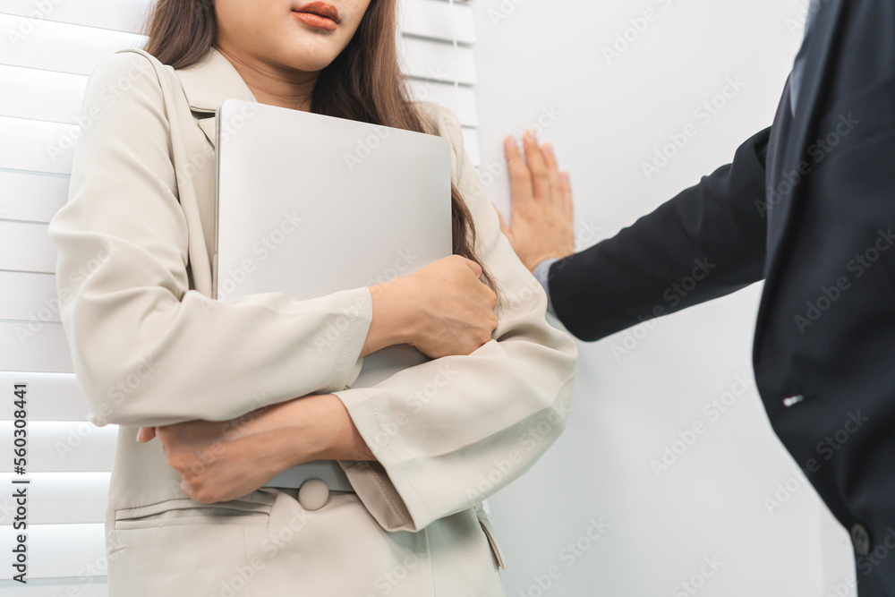 Panic, disgusted asian young employee, pressure business woman ...