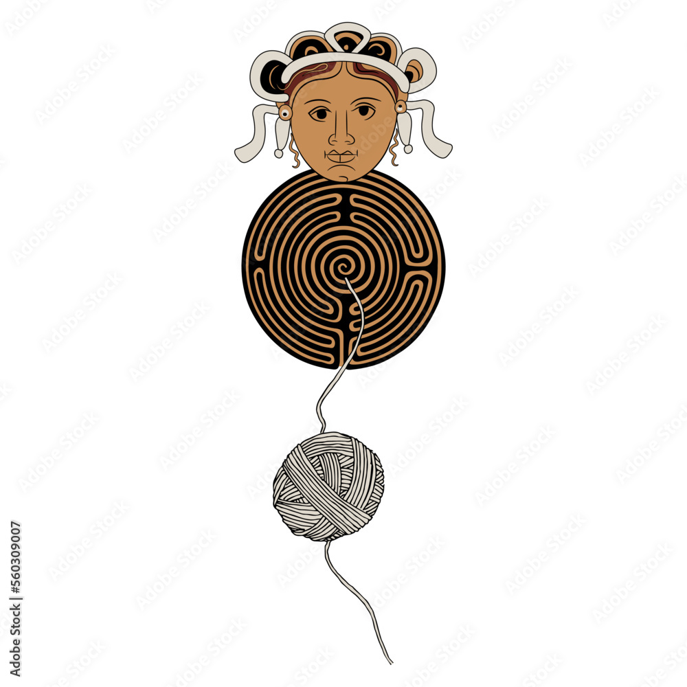 Ariadne thread. Round spiral maze or labyrinth symbol with a female ...