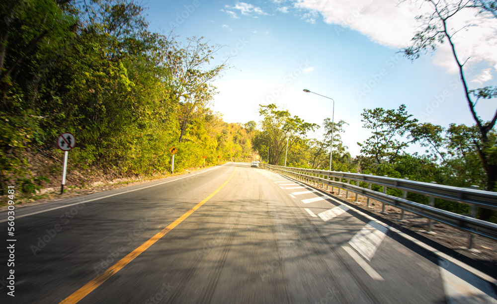 The paved road is surrounded by green forest. travel driving ...
