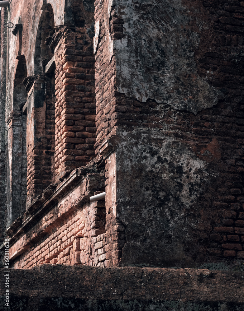 Abandoned ancient brick structural building with damaged structure ...
