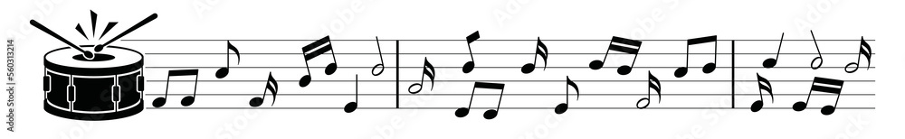 Musical note wave with drum. Drum music notes melody on white ...