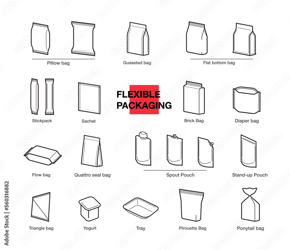 Set of types of flexible packaging. Infographics icons. Vector ...