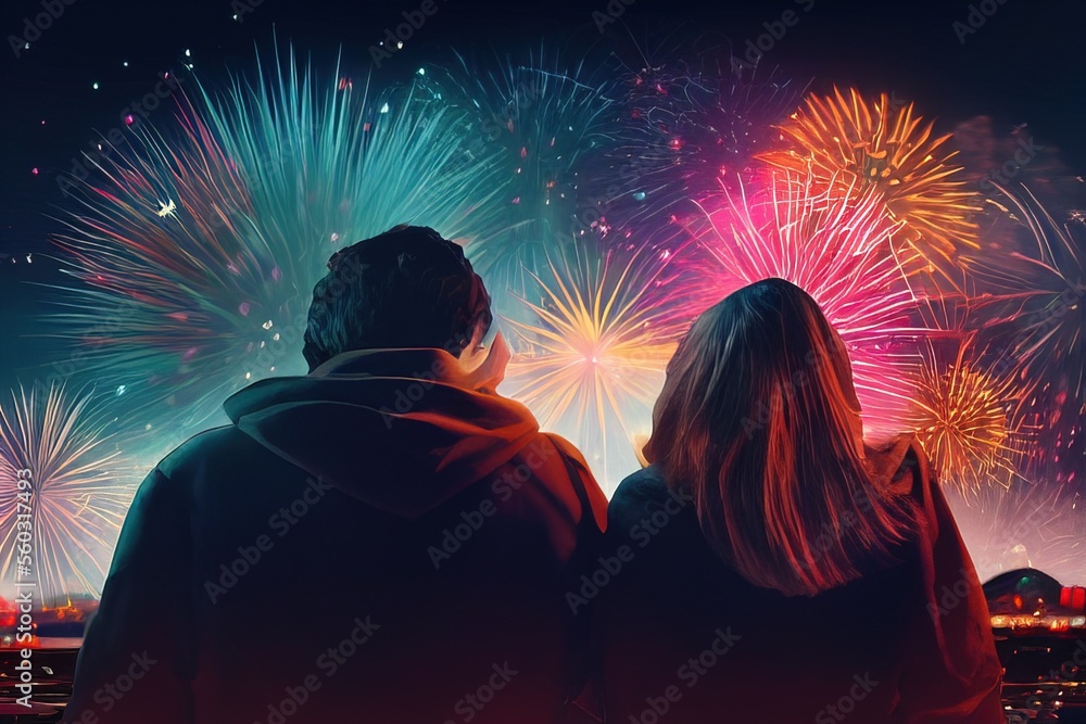 Couple celebrating by firework anime digital art illustration paint ...