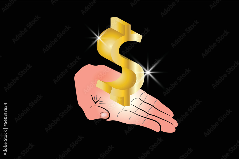 Gold dollar sign on a hand symbol of wealthy rich people helping to ...