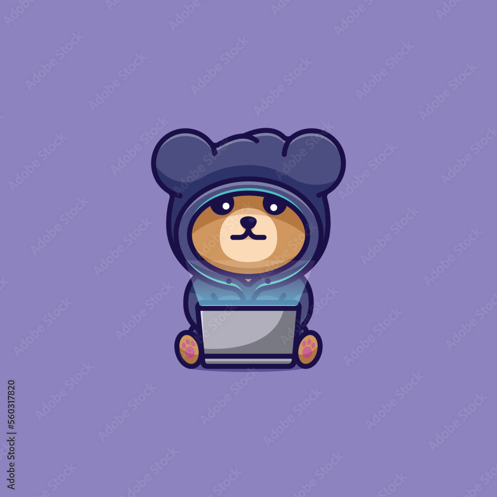 Vector vector cartoon illustration cute hacker bear with hoodie use ...