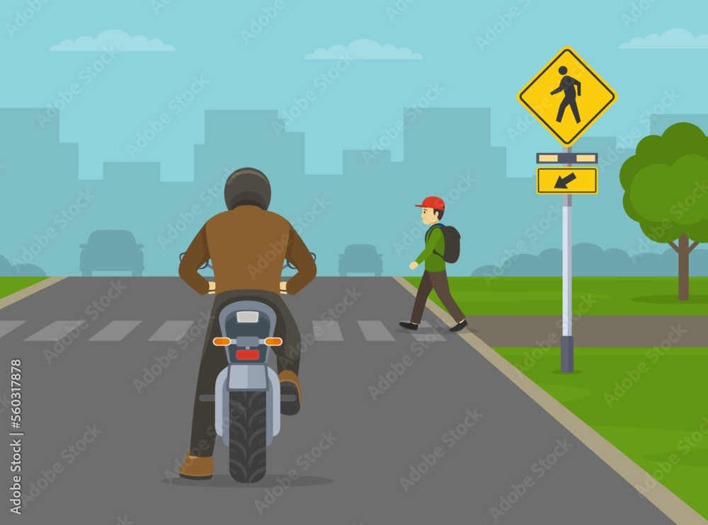 Safe motorcycle riding rules and tips. Back view of a motorcyclist ...