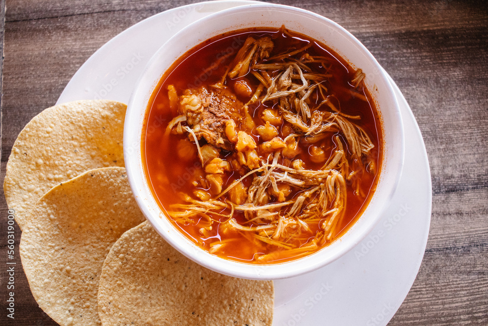 Pozole rojo con tostadas Stock Photo | Adobe Stock