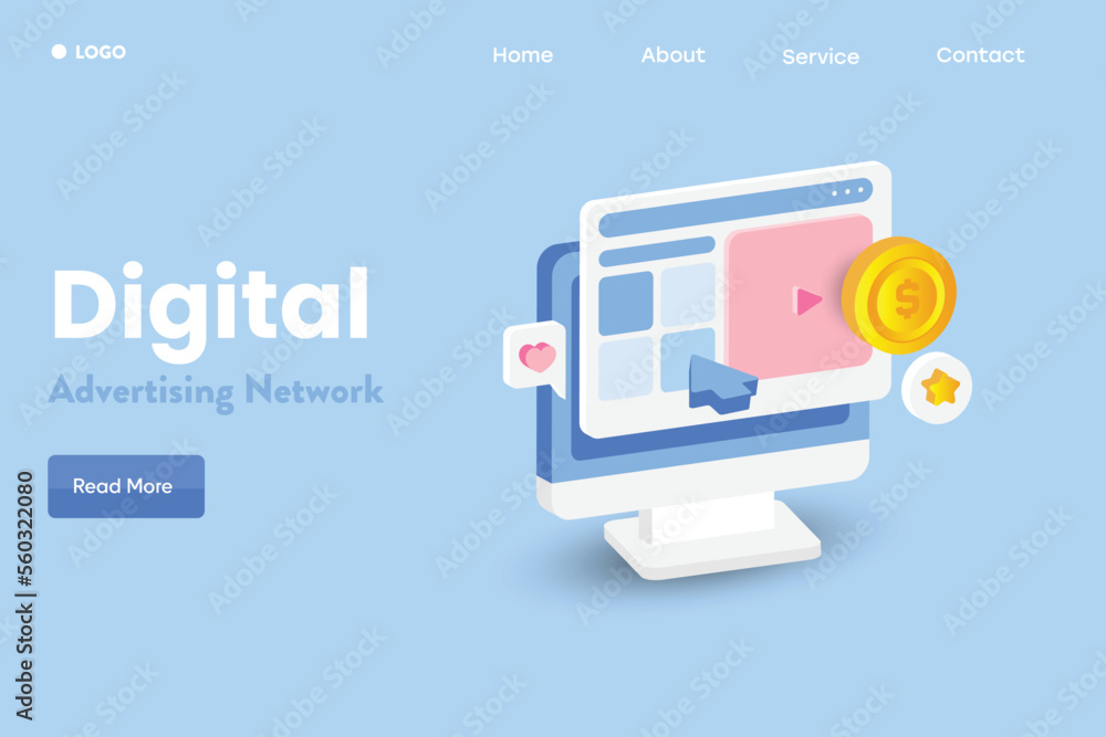 3d computer screen shows published digital ads on website page, cursor ...