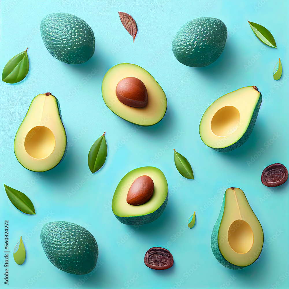 Fresh fruits, pattern of avocado on a pastel blue background. Avocado ...