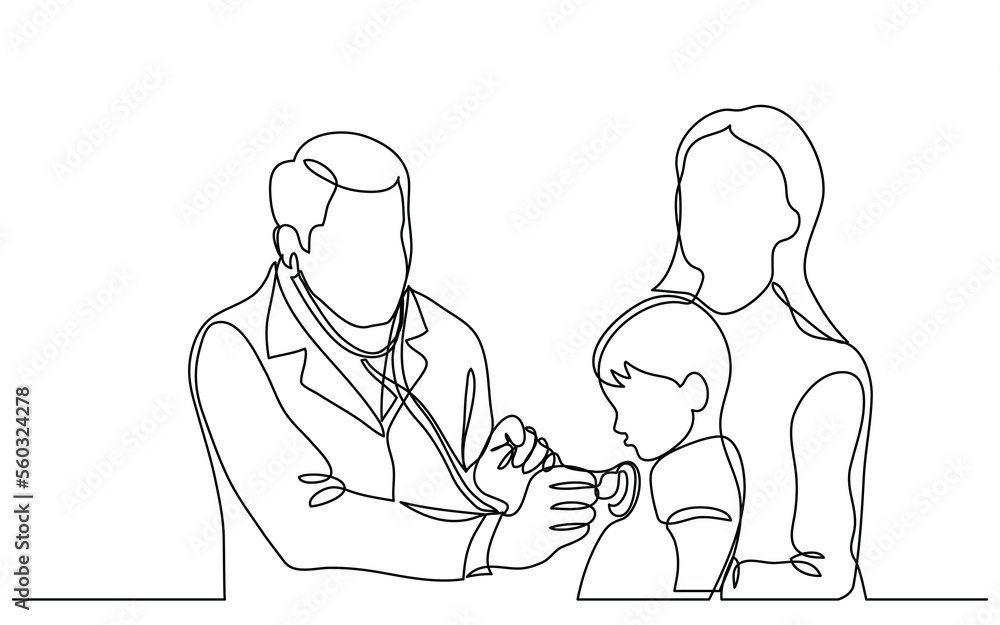 continuous line drawing doctor examining child patient mother - PNG ...