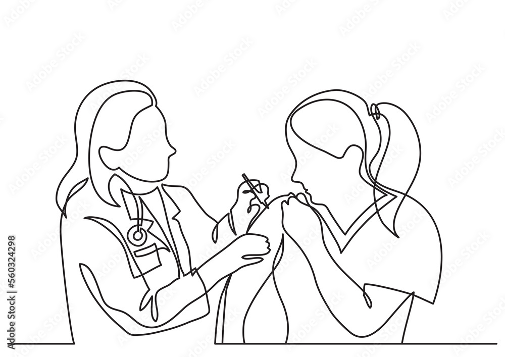 continuous line drawing doctor making vaccination shot to woman - PNG ...