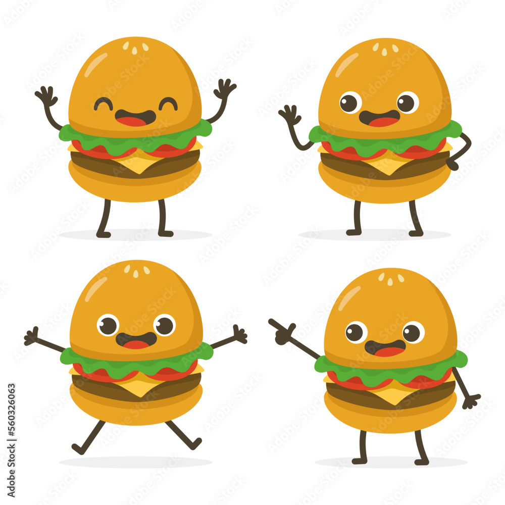 Set of Cute Hamburger Cartoon Food Characters isolated on white. Stock ...