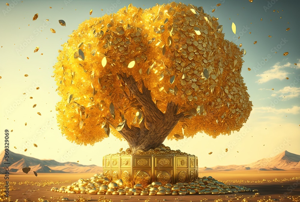 golden gold coin tree has coins as leaves that fall on ground, idea for limitless income, wealth ...