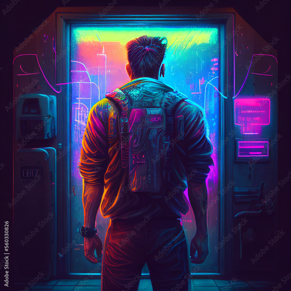 Cyberpunk character in futuristic urban city facing rear side ...