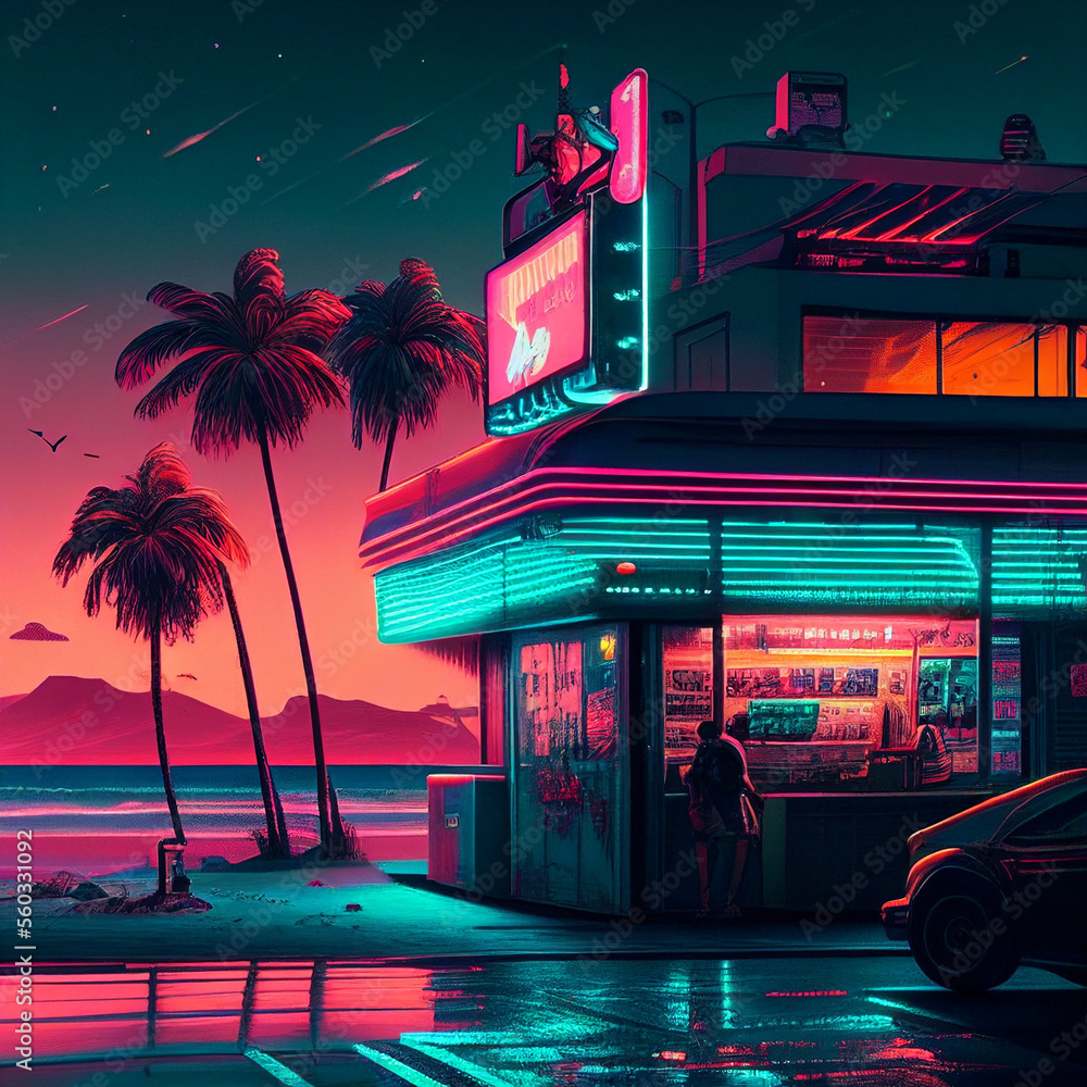 Cyberpunk beach summer street landscape with retro car. Sci-fi ...