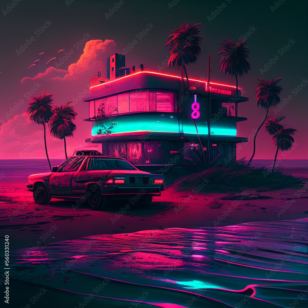 Cyberpunk beach summer street landscape with retro car. Sci-fi ...