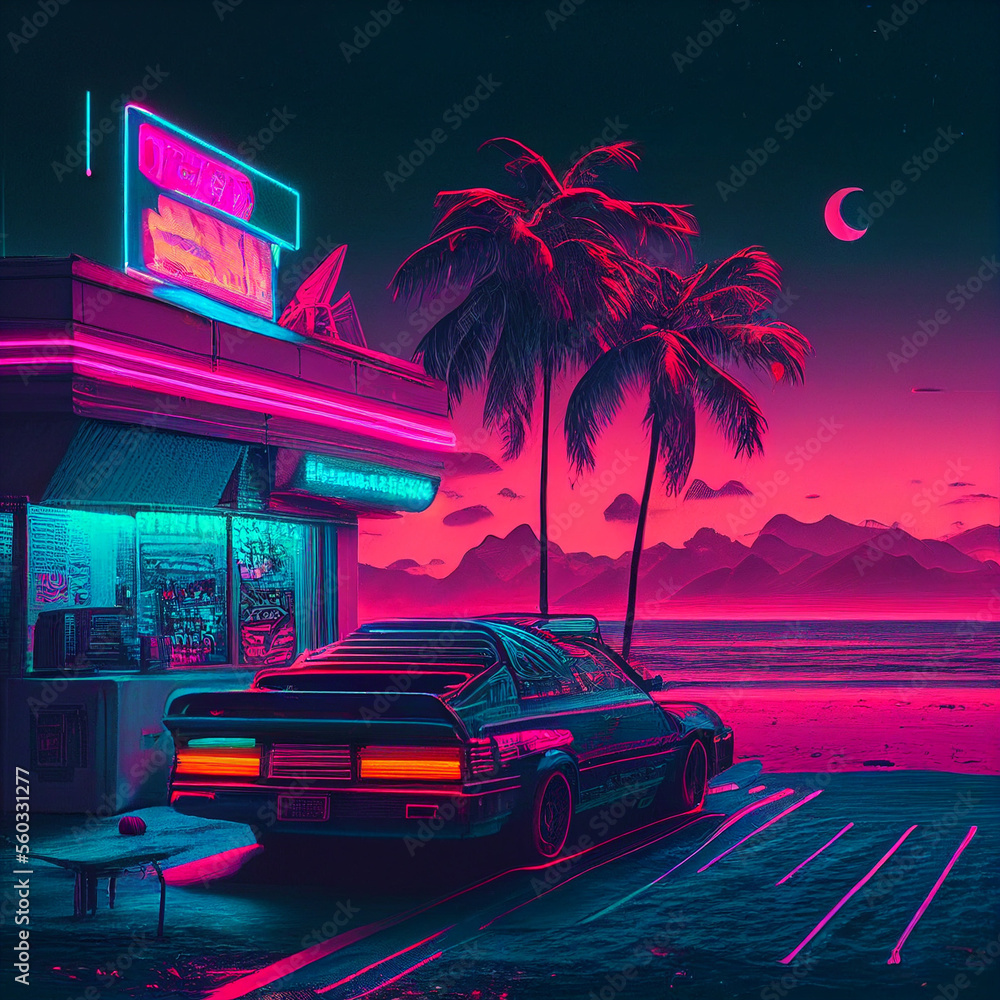 Cyberpunk beach summer street landscape with retro car. Sci-fi ...