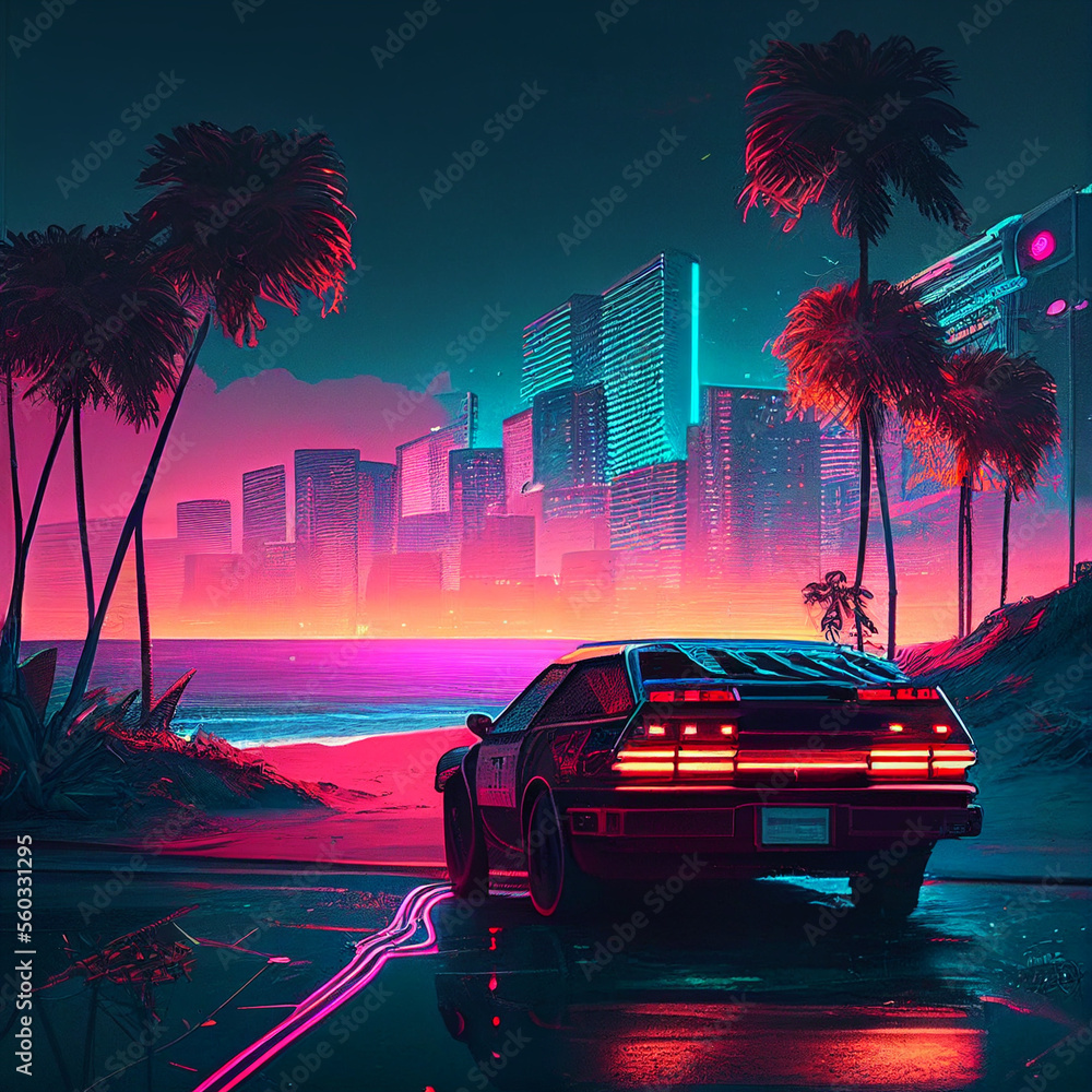 Cyberpunk beach summer street landscape with retro car. Sci-fi ...