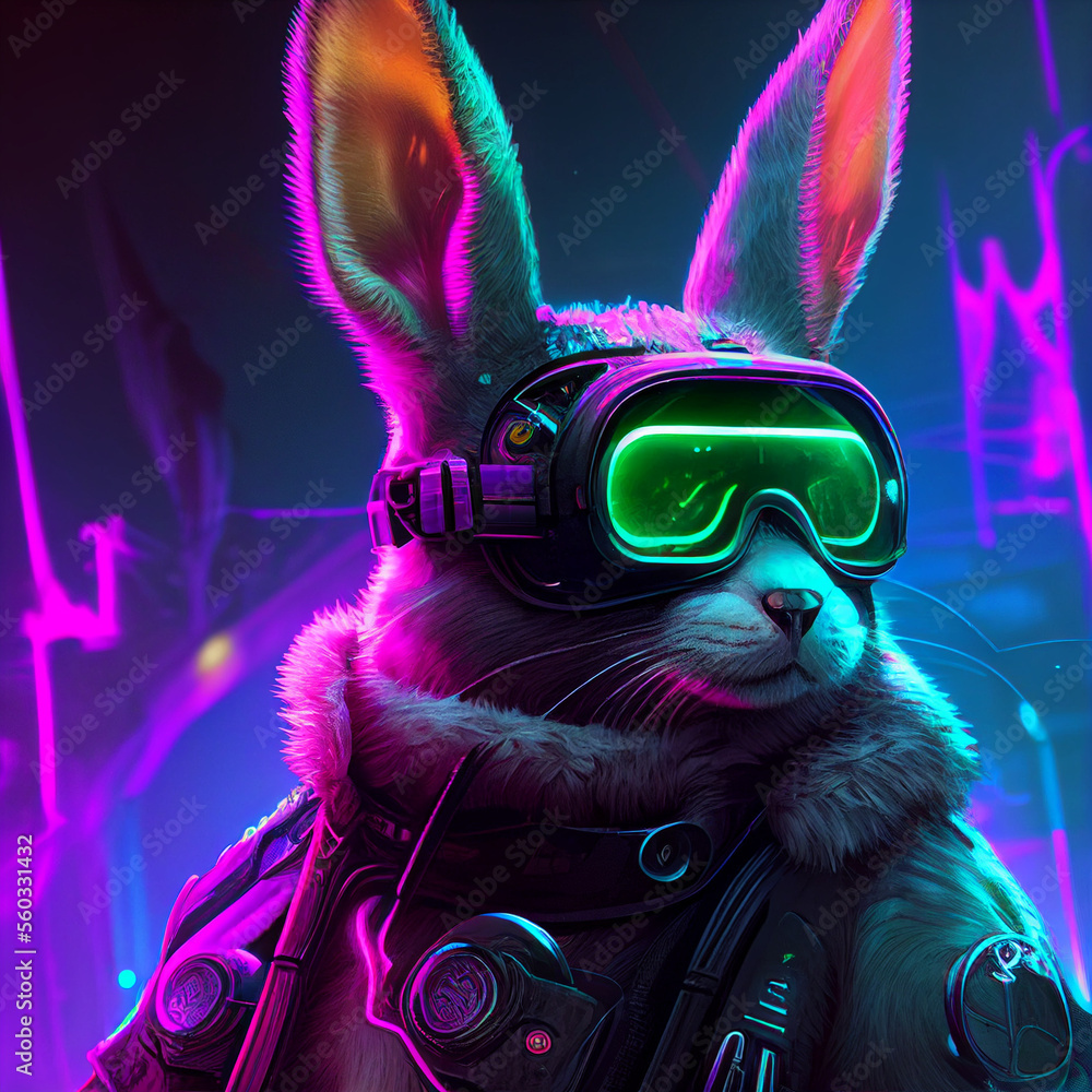 Fototapeta Cyberpunk bunny character in futuristic neon light city ...