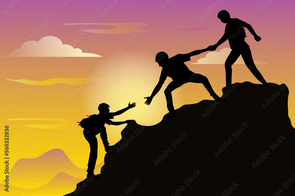 Silhouette team is helping each other to the top of mountain.sky and ...