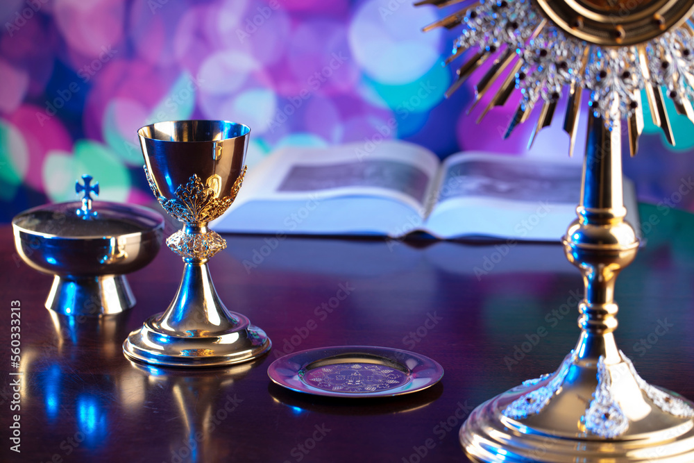 Religion theme. Religion symbols composition. The Cross, monstrance ...