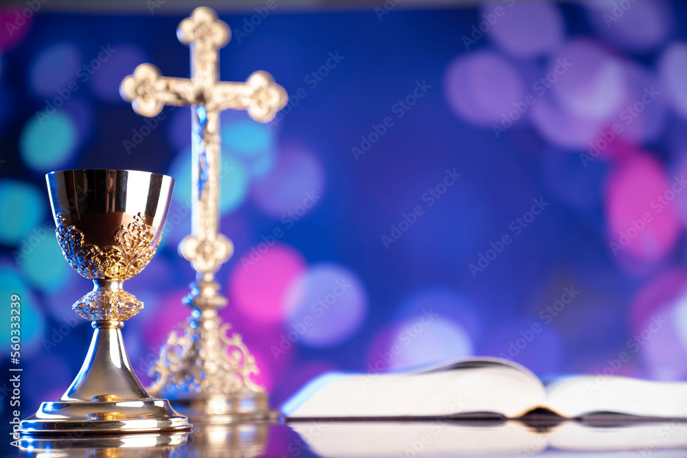 Religion theme. Religion symbols composition. The Cross, monstrance ...