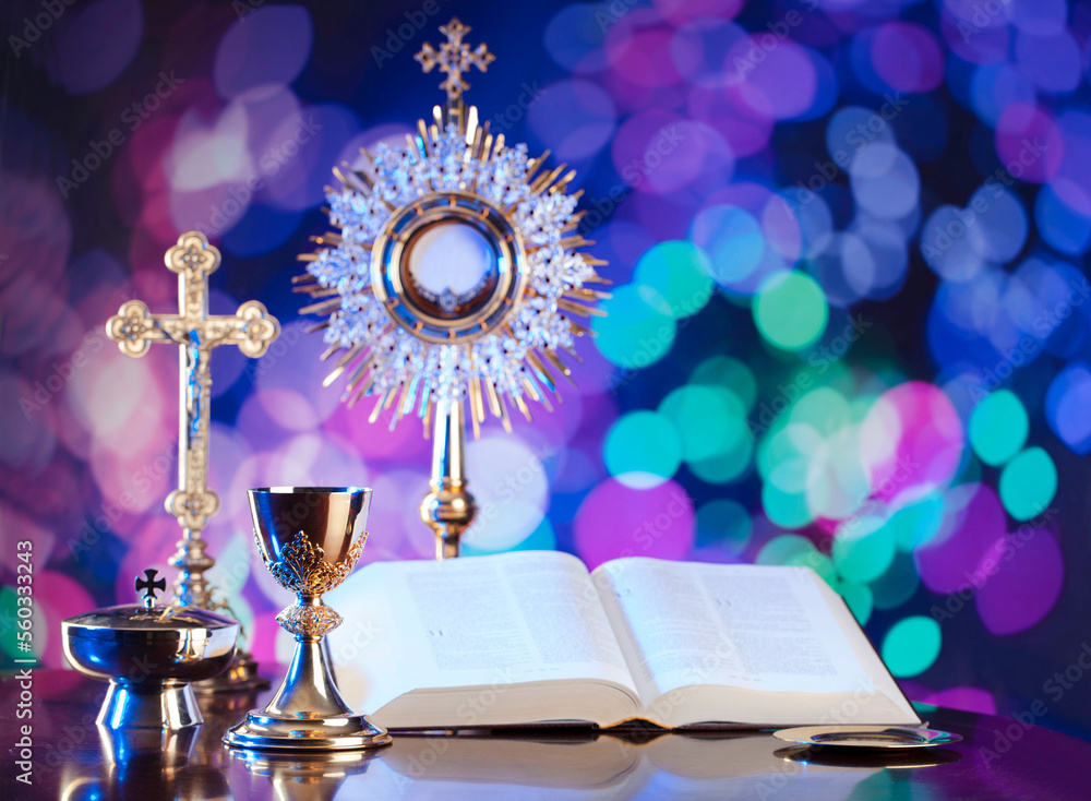 Religion theme. Religion symbols composition. The Cross, monstrance ...