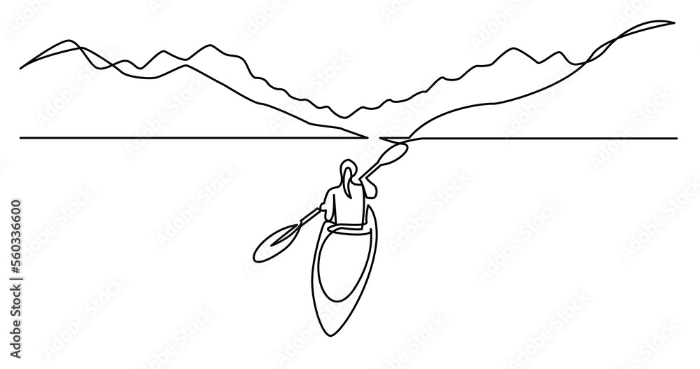 continuous line drawing of woman kayaking on beautiful lake waters ...