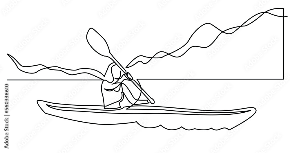 continuous line drawing of young healthy woman kayaking on mountain ...