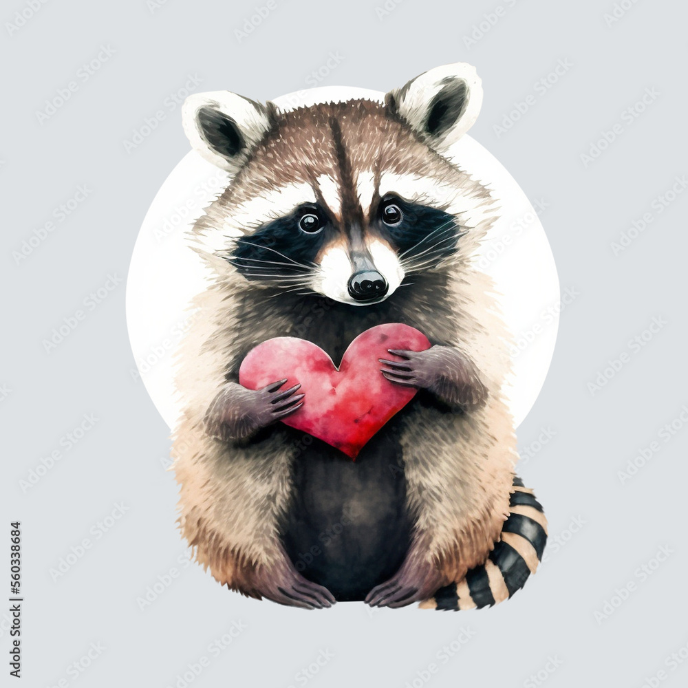 Cute raccoon give a heart, Valentine's Day, on a transparent layer ...