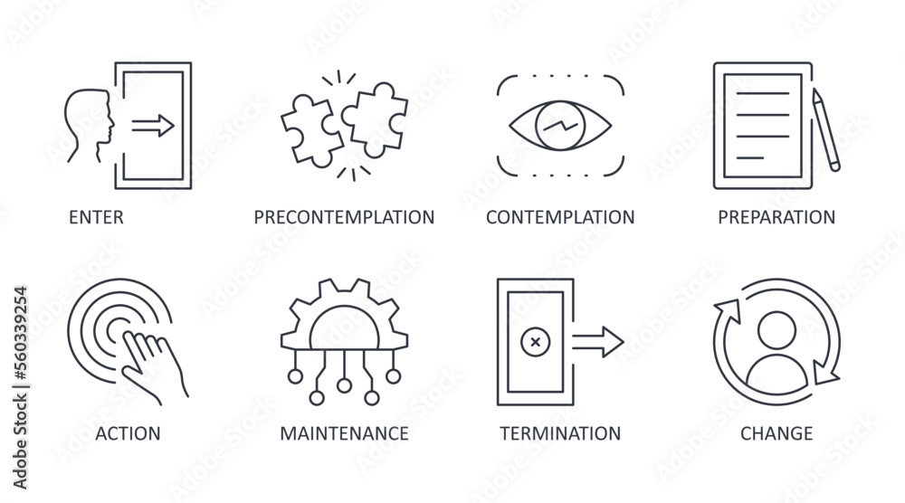 Stages of change vector icons. Editable stroke line set text. The ...