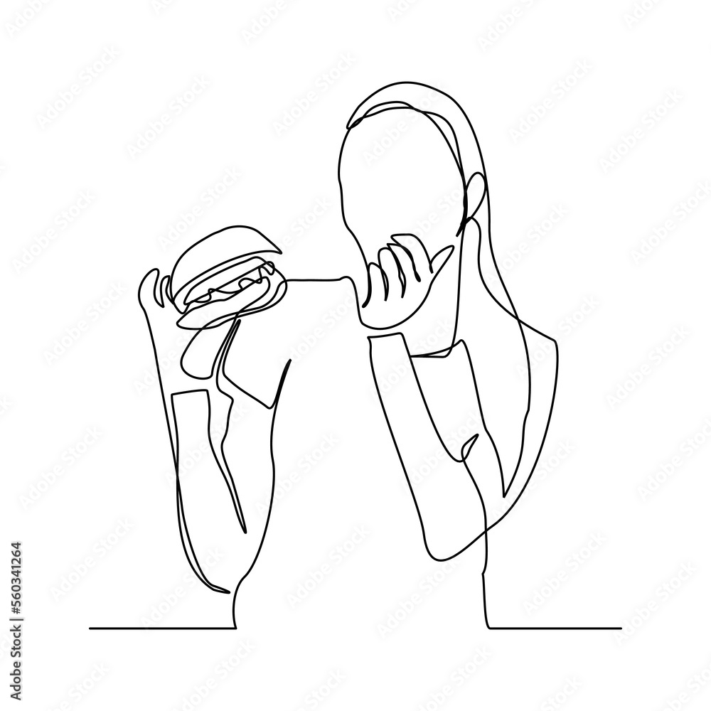 Continuous single one line drawing art of hungry woman eat cheese beef ...