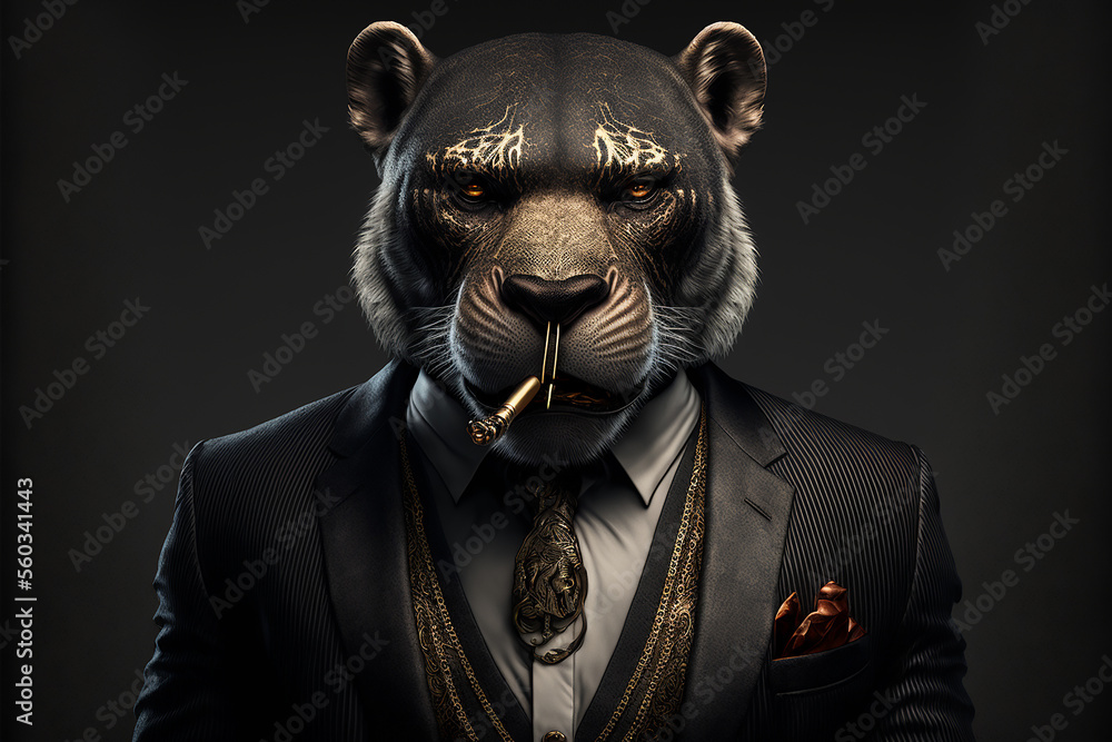 Gangster Leopard in a black three-piece suit and smoking golden cigar ...