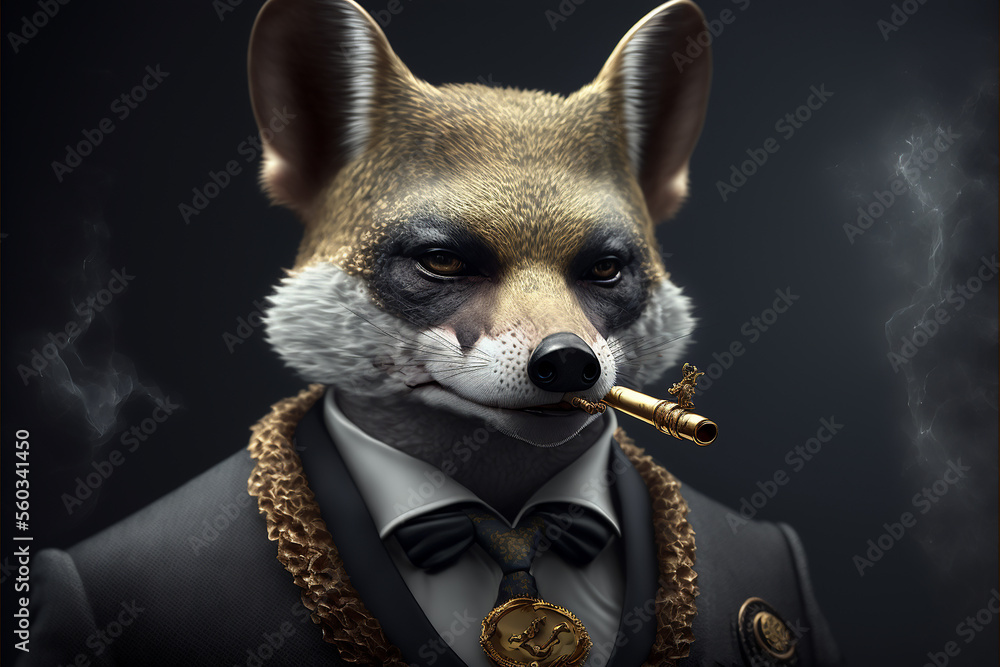 Gangster fox in a black three-piece suit and smoking golden cigar ...
