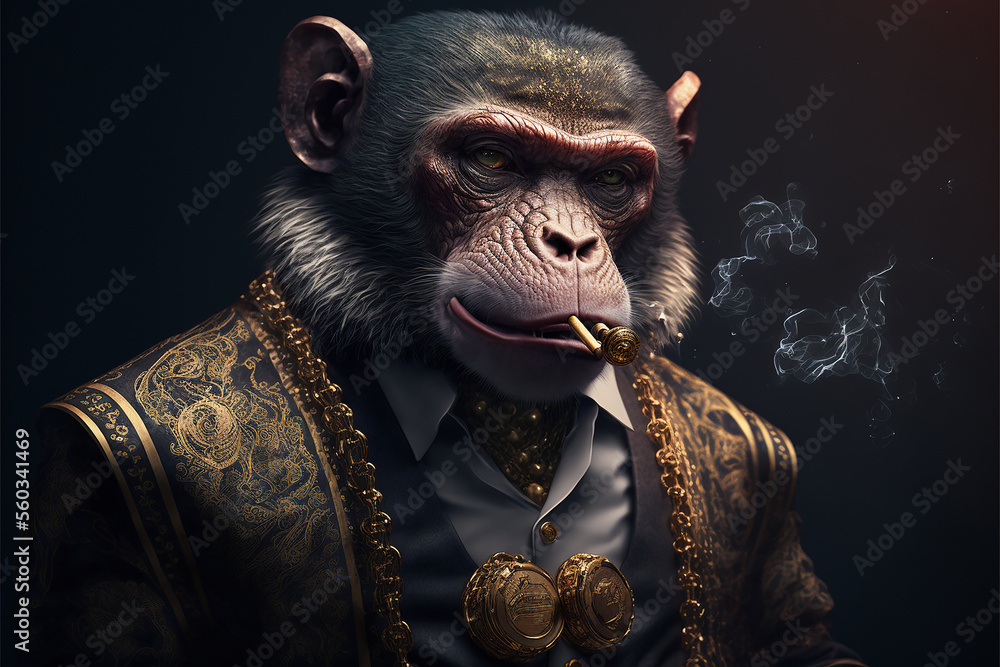 Gangster chimpanzee in a black three-piece suit and smoking golden ...