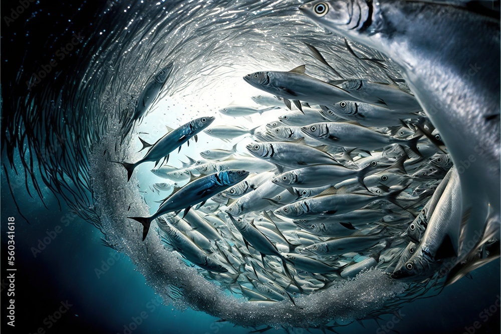 a large group of fish swimming in the ocean together in a circle of ...