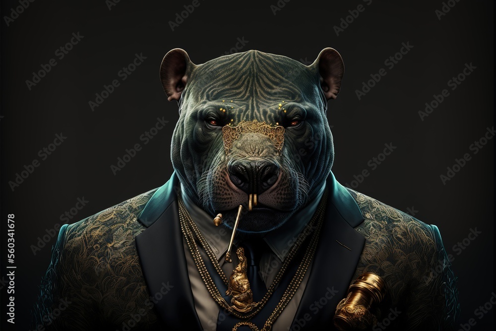 Gangster animal in a black three-piece suit and smoking golden cigar ...