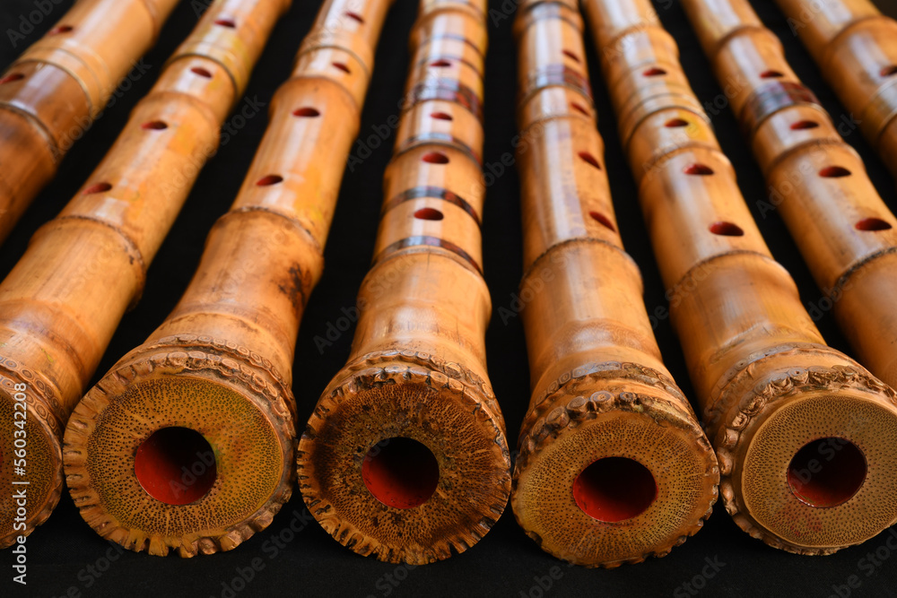 Shakuhachi flute, Shakuhachi is Japanese bamboo flute, on black ...